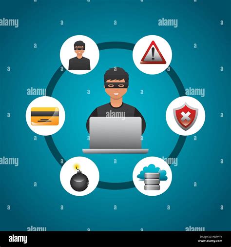 Cartoon Hacker Man With Cyber Security Icons Around Colorful Design