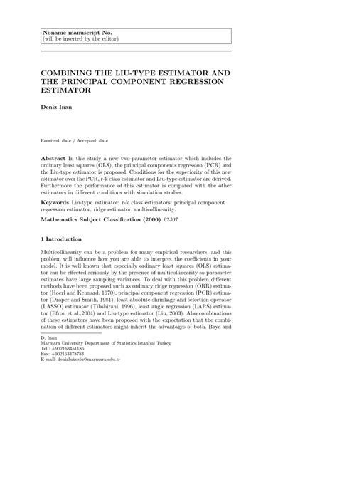 pdf combining the liu type estimator and the principal component regression estimator