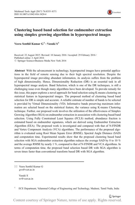 clustering based band selection for endmember extraction using simplex growing algorithm in