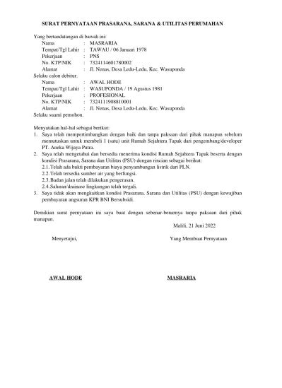 Surat Pernyataan Prasarana Sarana And Utilitas Perumahan