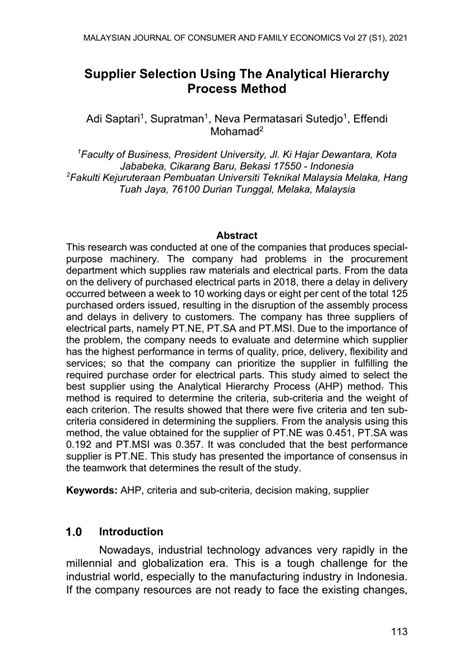 pdf supplier selection using the analytical hierarchy process method