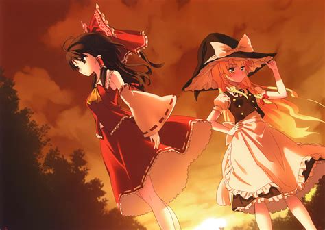 2girls Blonde Hair Bow Brown Hair Dress Hakurei Reimu Japanese Clothes Kirisame Marisa Long Hair