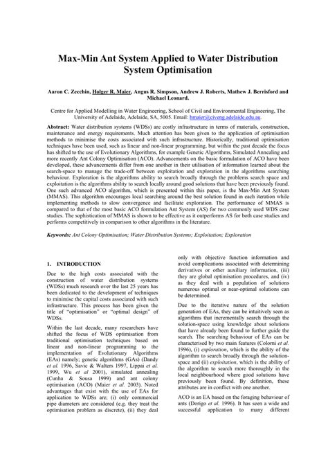 pdf max min ant system applied to water distribution system optimisation