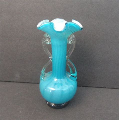 Blue And White Case Hand Blown Case Glass Handled Vase Vintage Applied Handles Handle Vase