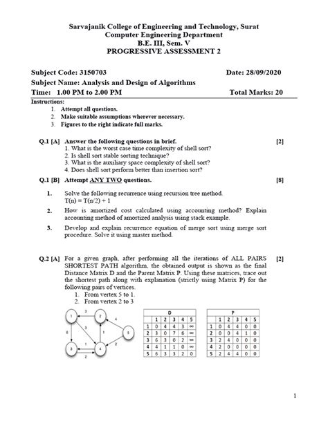 3150703 analysis and design of algorithms 1 pdf matrix mathematics recurrence relation