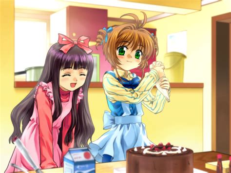 2girls Apron Black Hair Blush Brown Hair Cake Card Captor Sakura Daidouji Tomoyo Food Fruit