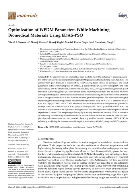pdf optimization of wedm parameters while machining biomedical materials using edas pso