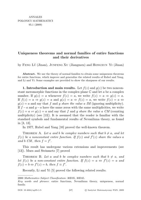 pdf uniqueness theorems and normal families of entire functions and their derivatives