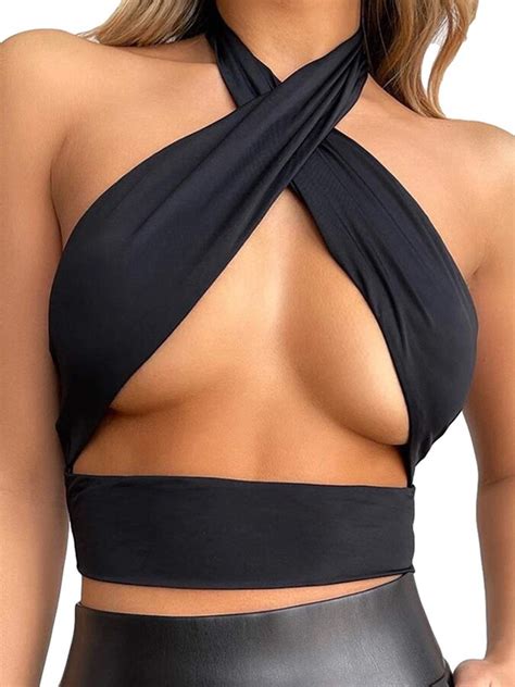 N C Women S Sexy Criss Cross Halter Neck Cutout Crop Top Deep V Neck Backless Tank Streetwear