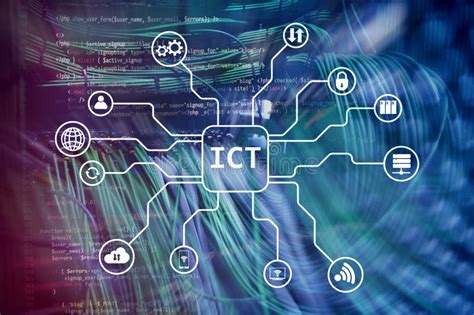ict information and communications technology concept on server room background stock image