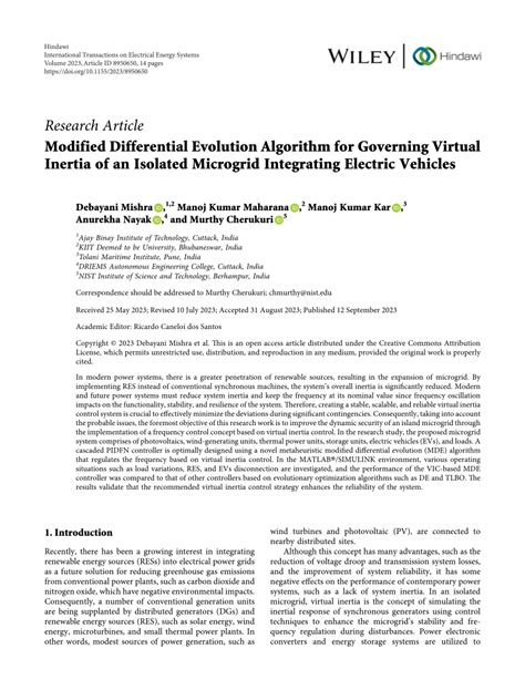 pdf modified differential evolution algorithm for governing virtual inertia of an isolated