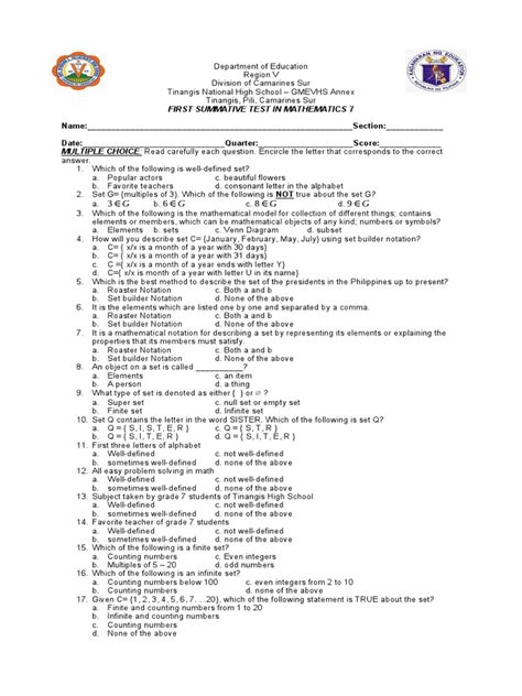 math 7 exam 1q pdf set mathematics mathematical notation