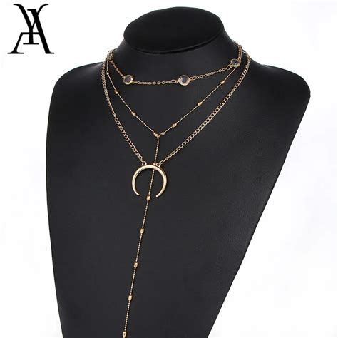 Bohemian Multilayer Moon Pendant Choker Necklace Fashion Crescent Crystal Long Statement