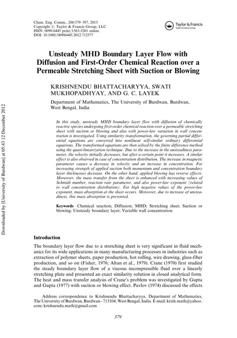 pdf unsteady mhd boundary layer flow with diffusion and first order chemical reaction over a