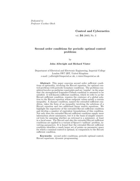 pdf second order conditions for periodic optimal control problems