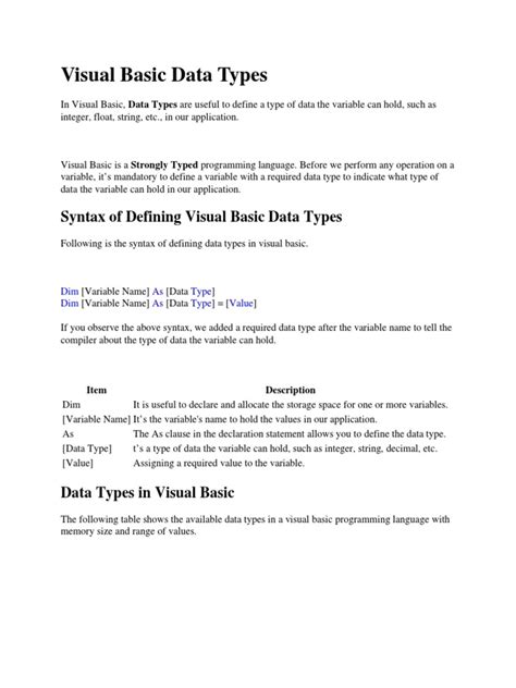 an introduction to data types in visual basic syntax available types and examples pdf