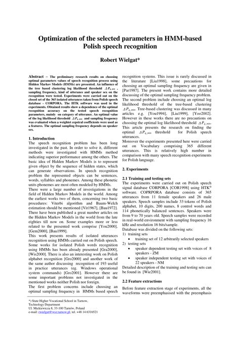 pdf optimization of the selected parameters in hmm based polish speech recognition