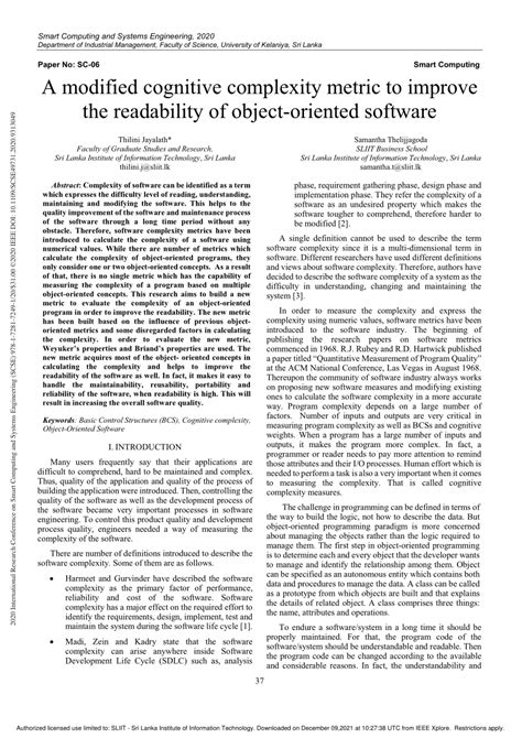 pdf a modified cognitive complexity metric to improve the readability of object oriented software