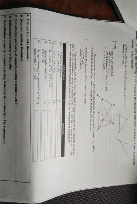 ons complete the following proof by adding the missing statement or reason use the choices