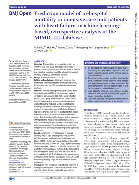 pdf prediction model of in hospital mortality in intensive care unit patients with heart