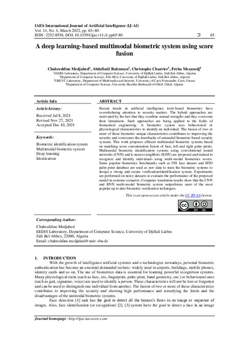 pdf a deep learning based multimodal biometric system using score fusion freha mezzoudj
