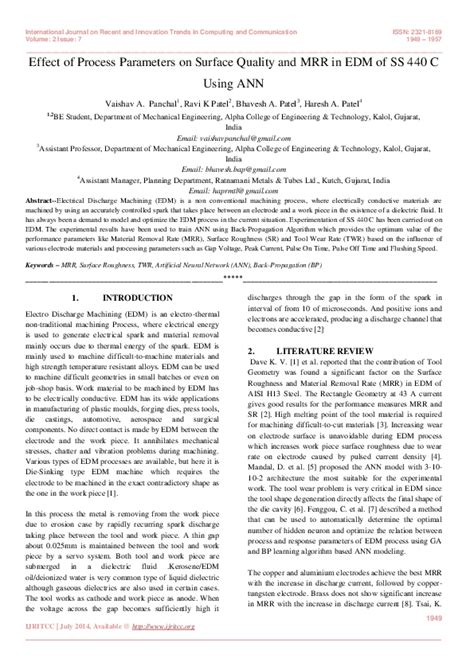 pdf effect of process parameters on surface quality and mrr in edm of ss 440 c using ann