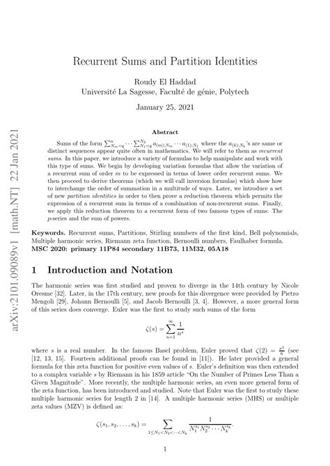 pdf recurrent sums and partition identities