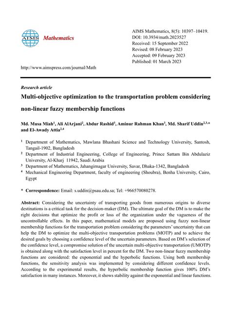pdf multi objective optimization to the transportation problem considering non linear fuzzy