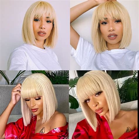 Blonde Bob Wig With Bangs Short Bob Wigs For Black Women Human Hair 100 Brazilian Virgin Hair