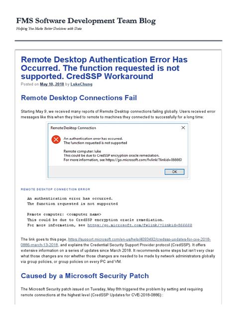 Remote Desktop Authentication Error Has Occurred The Function Requested Is Not Supported
