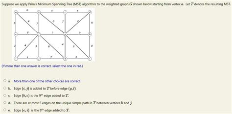 solved suppose we apply prim s minimum spanning tree mst algorithm to the weighted graph g