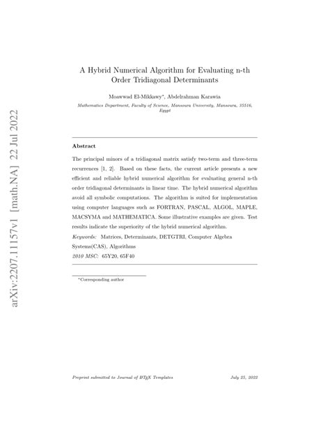 pdf a hybrid numerical algorithm for evaluating n th order tridiagonal determinants