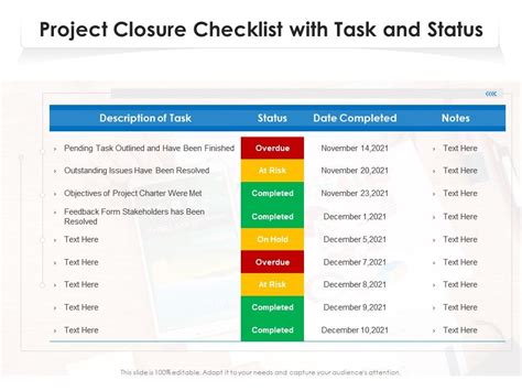 Project Closure Checklist With Task And Status Presentation Graphics