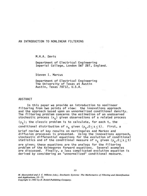 an introduction to nonlinear filtering download free pdf stochastic process nonlinear system