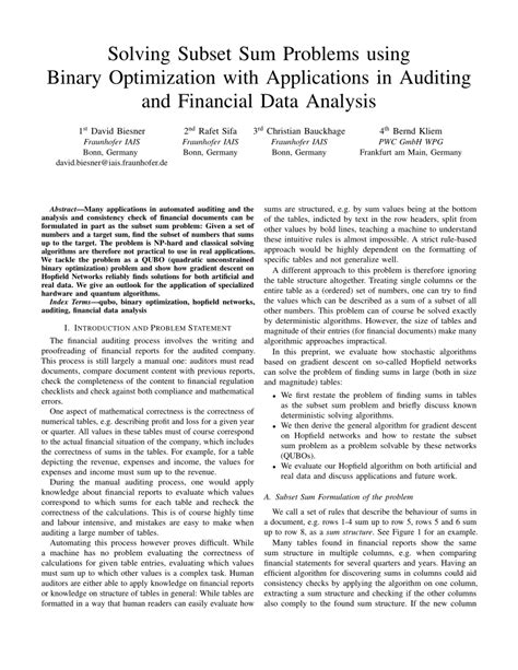 pdf solving subset sum problems using binary optimization with applications in auditing and
