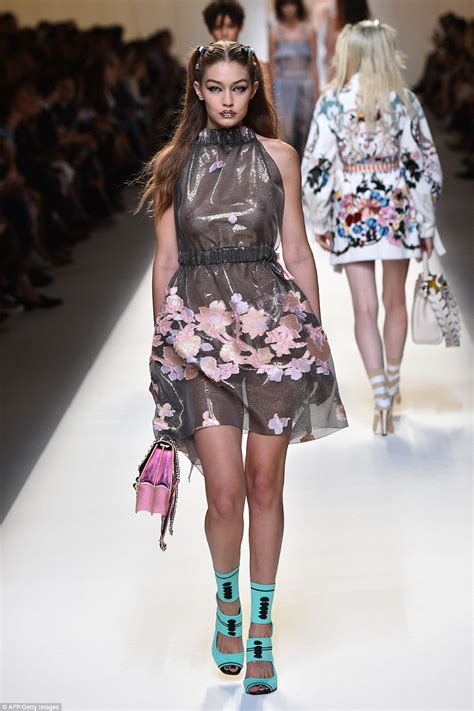 Gigi Hadid Flashes Bare Breasts In A Sheer Floral Dress During Milan Fashion Week Daily Mail