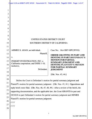Fillable Online ORDER PLAINTIFFS MOTION FOR PARTIAL SUMMARY JUDGMENT