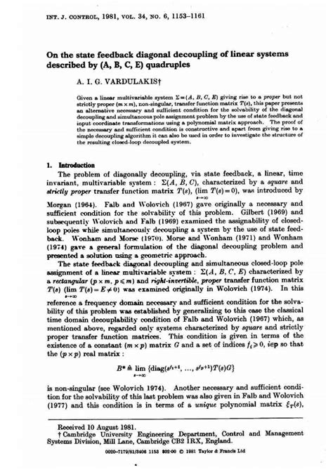 pdf on the state feedback diagonal decoupling of linear systems described by a b c e
