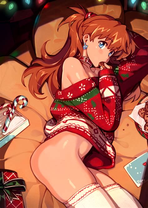 Rule 34 1girls Ass Asuka Langley Sohryu Blue Eyes Bottomless Candy Candy Cane Choker Christmas