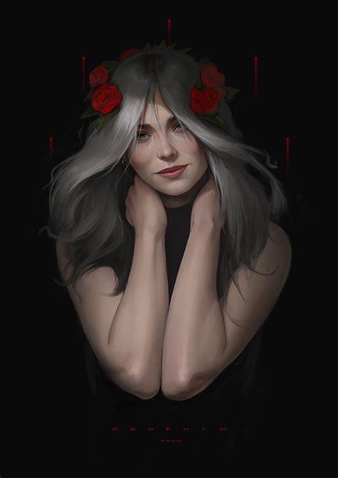 배경 화면 Ilya Ozornin Flower Crown 왕관 머리카락에 꽃 관중 장미 꽃 세로보기 수직선 뷰어를보고 디지털 아트 디지털 페인팅 검은