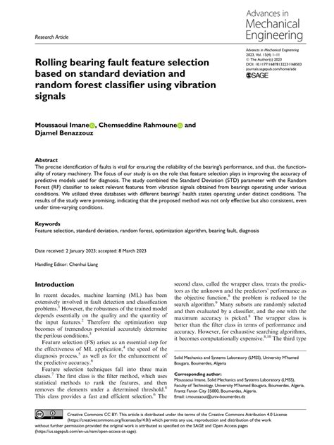 pdf rolling bearing fault feature selection based on standard deviation and random forest