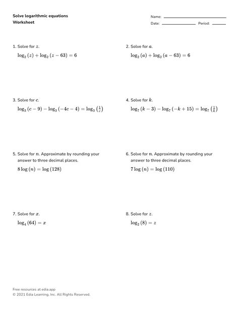 solving logarithmic equations worksheet onlineworksheet my id