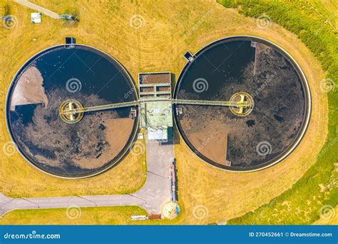 Aerial View Of Modern Water Cleaning Facility At Urban Wastewater