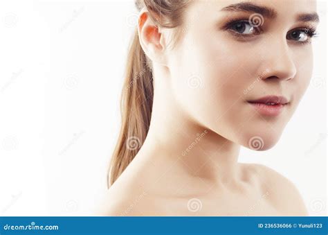 Young Sweet Brunette Woman Close Up Isolated On White Background Perfect Pure Innocense
