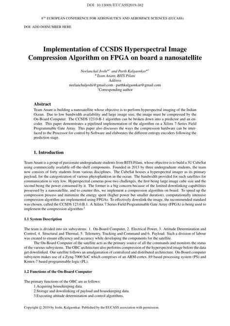 pdf implementation of ccsds hyperspectral image compression algorithm on fpga on board a
