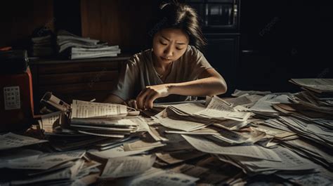 그녀의 서류 작업을 하는 아시아 소녀 청구서가 여러 개인 여성 고화질 사진 사진 배경 일러스트 및 사진 무료 다운로드