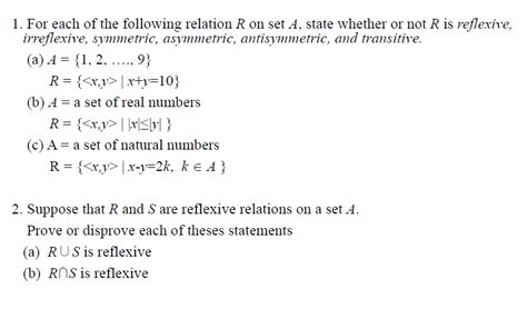 solved 1 for each of the following relation r on set a