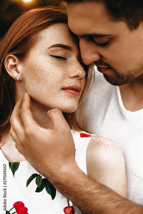 Close Up Portrait Of A Amazing Sensual Couple Face To Face With Closed Eyes While Man Is