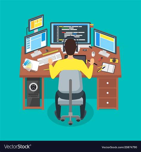 cartoon programmer writes code workspace concept vector image