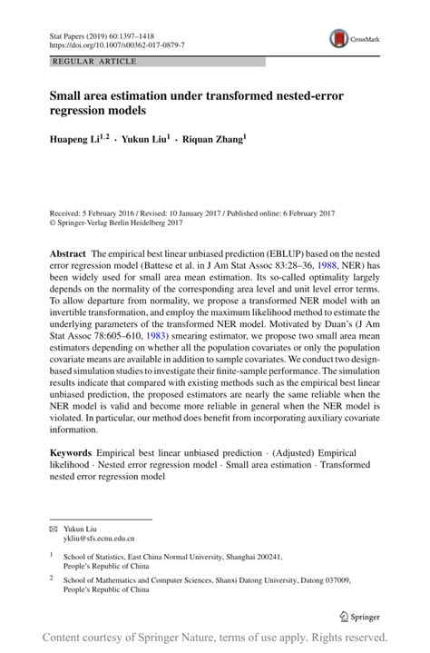 small area estimation under transformed nested error regression models request pdf